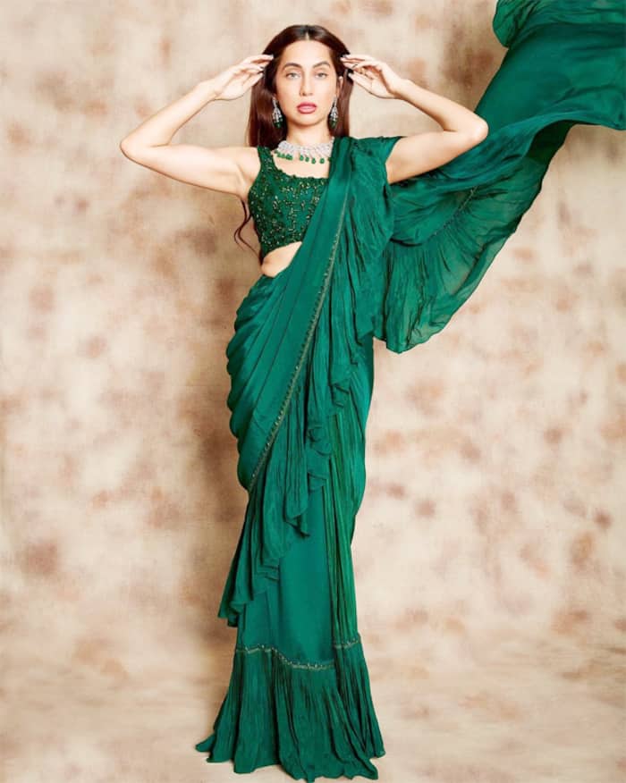 Anusha Dandekar is Elegance Personified in Emerald Green Ruffle Saree ...