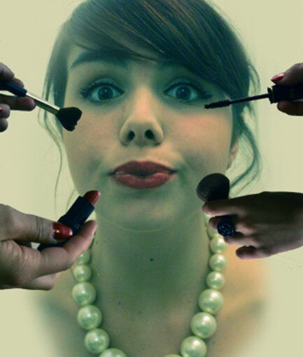 Applying layers of make up during their first date