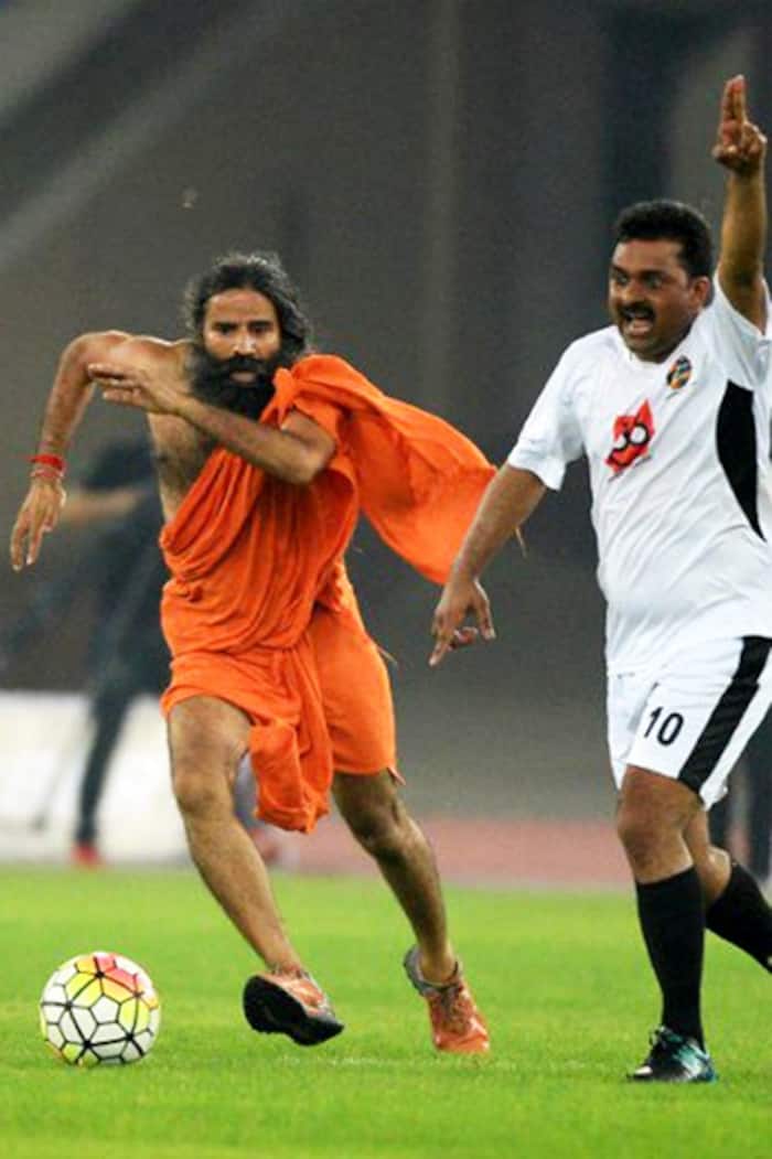 IN PICS: Baba Ramdev shows off his football skills during Football ...
