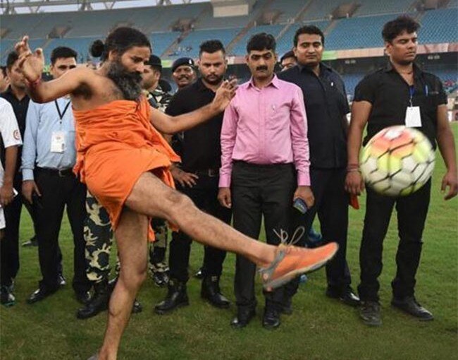 IN PICS: Baba Ramdev shows off his football skills during Football ...