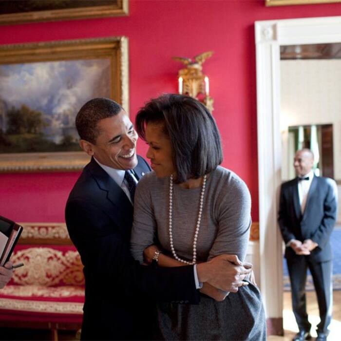 Barack and Michelle Obama pose for a photoshoot