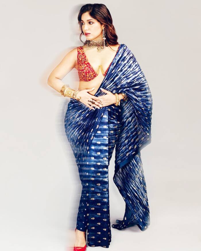 Bhumi Pednekar Oozes Oomph in Red-Hot Blouse And Blue Saree l PHOTOS