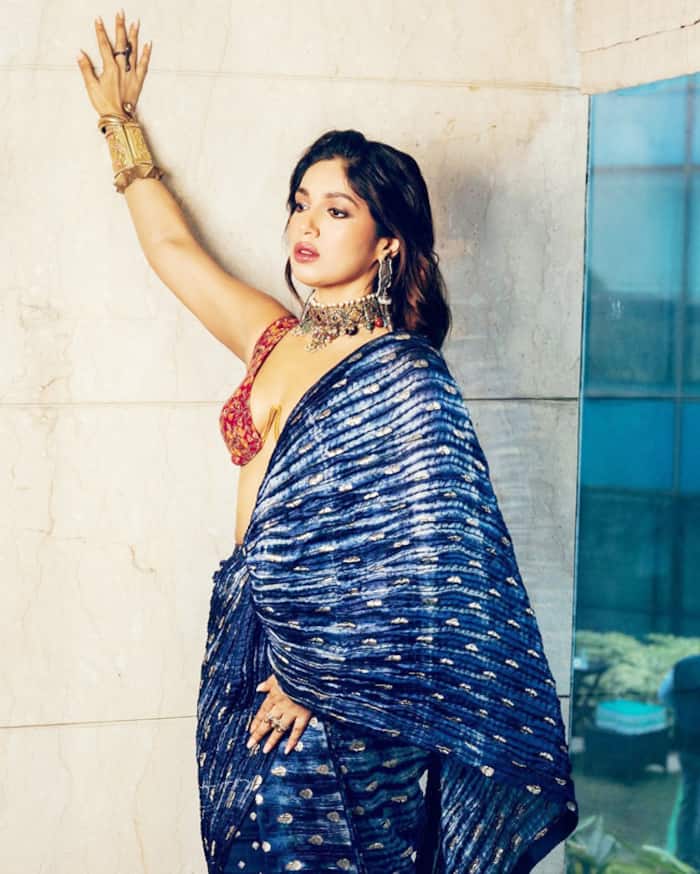 Bhumi Pednekar Oozes Oomph in Red-Hot Blouse And Blue Saree l PHOTOS