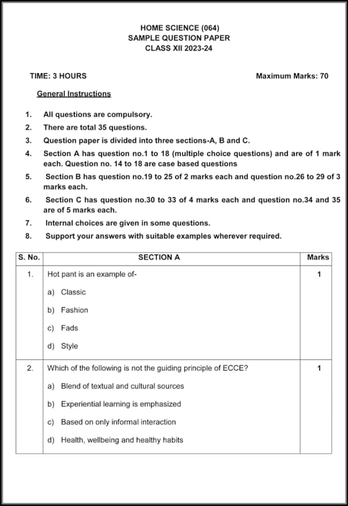 CBSE Class 12 Home Science Sample Paper 2023-24. See PHOTOS HERE
