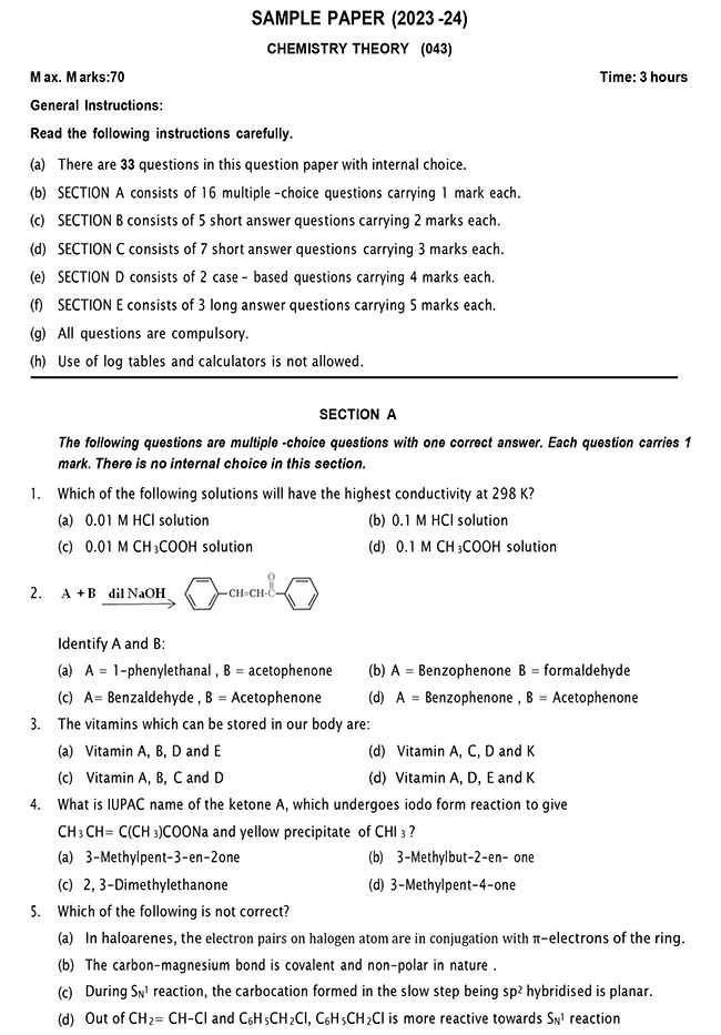 CBSE Class 12th Chemistry Sample Paper 2023 24 CBSE Class 12th Chemistry Sample Paper 2023 24