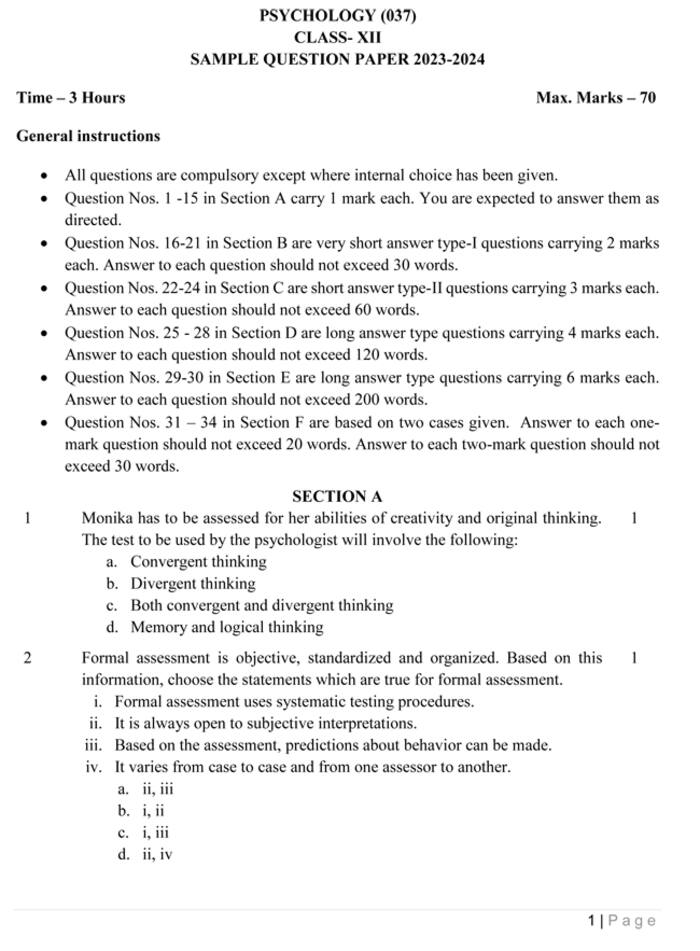 CBSE Class 12th Psychology Sample Paper 2023-24. See PHOTOS HERE CBSE Class 12th Psychology Sample Paper 2023-24. See PHOTOS HERE