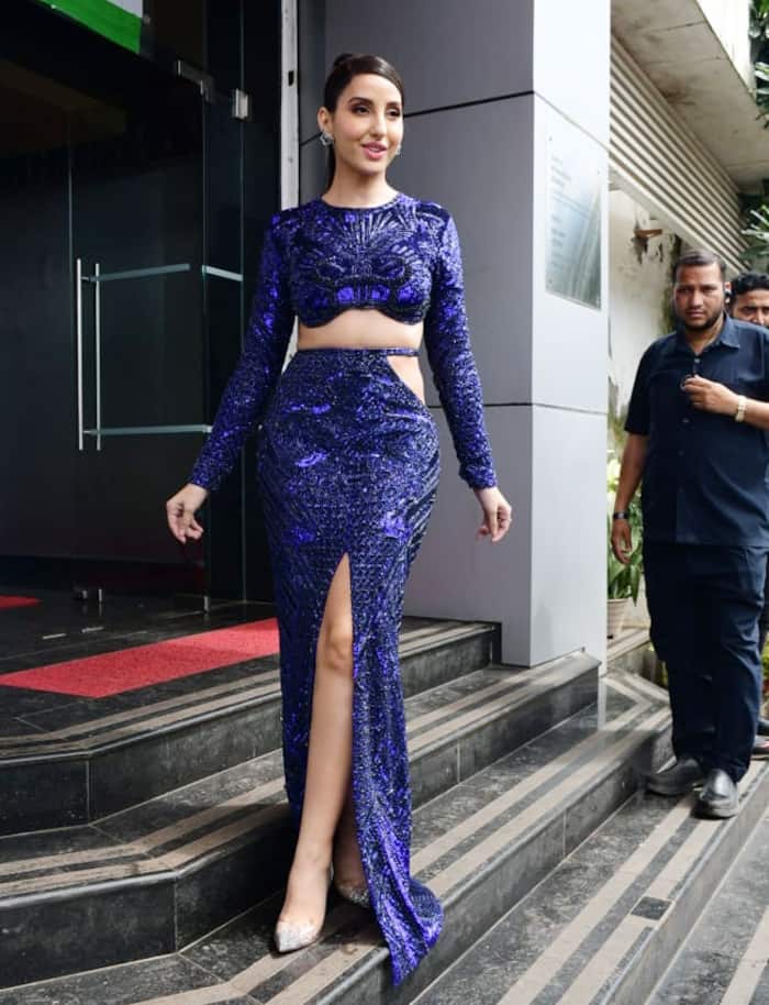 Nora Fatehi Slays in Hot Metallic Blue Gown With Sexy Cut-Out on Waist ...