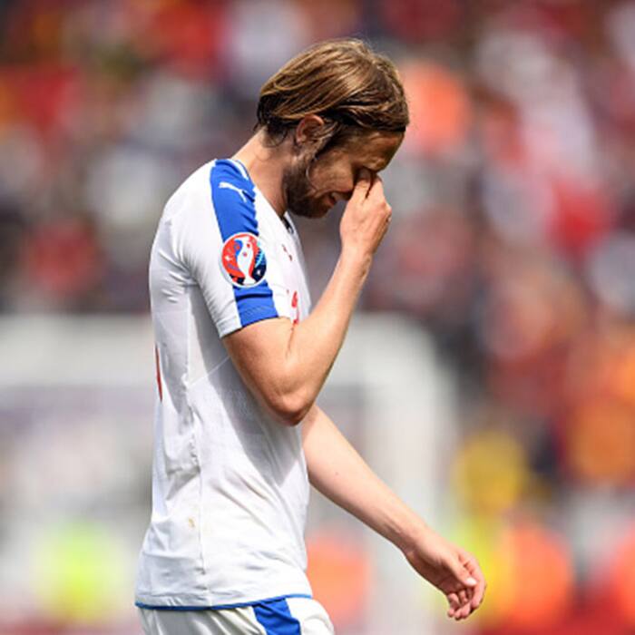 Czech Republic’s Jaroslav Plasil reacts after his team’s defeat in UEFA ...
