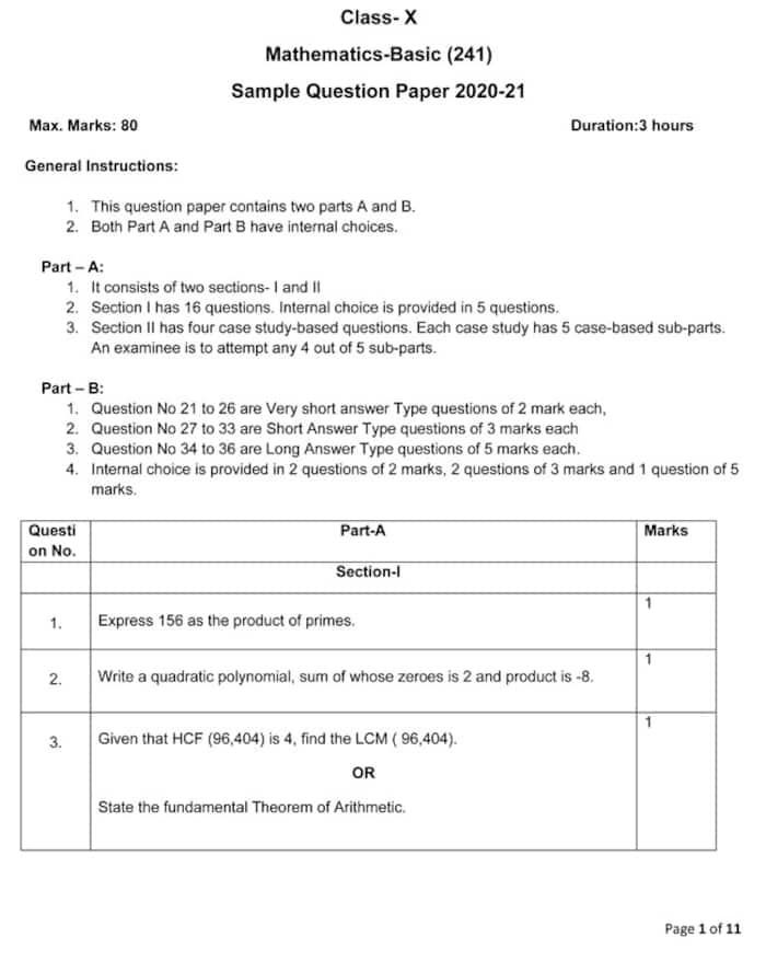 CBSE Board Exam 2021: Download Class 10 Maths Sample Paper Online