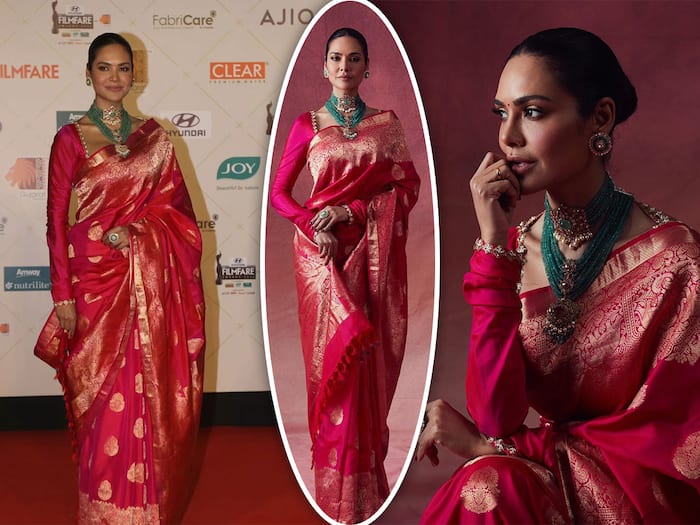 Esha Gupta Exudes Ethereal Charm in Red Silk Saree And Regal Jewels ...