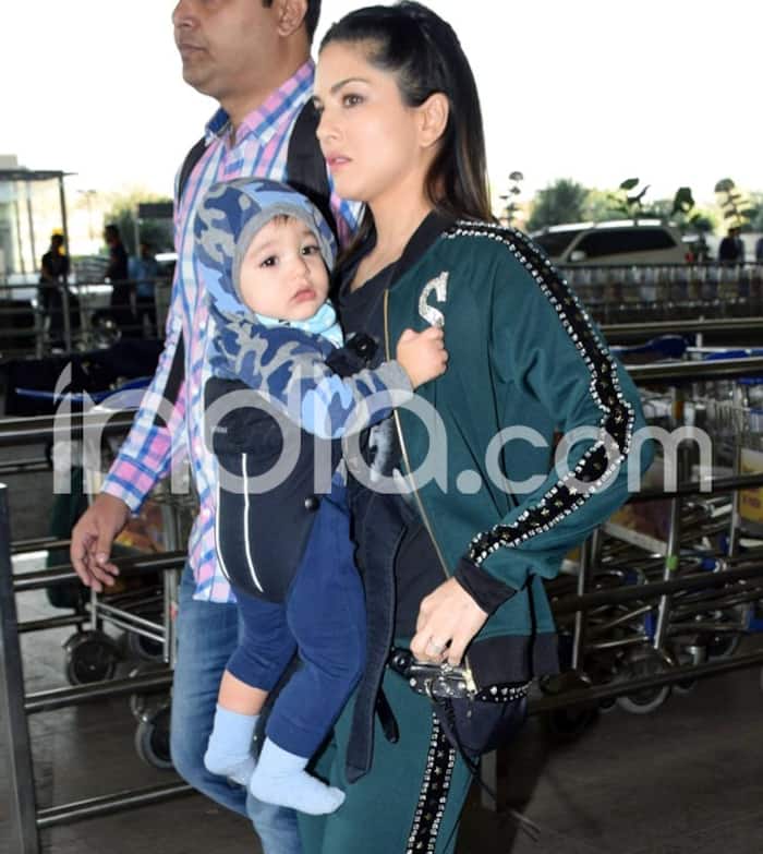 Sunny Leone Clicked With Her Cute Babies at Airport