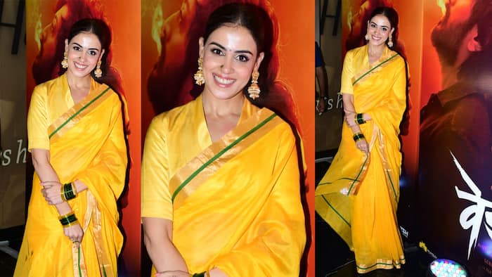Genelia D'Souza Brightens Our Hearts in Yellow Raw Mango Saree Worth Rs 14,800 at Ved Trailer ...