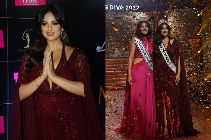 Harnaaz Sandhu Was a Sight to Behold in Hot Maroon Gown at Miss Diva Universe 2022 Pageant - See ...