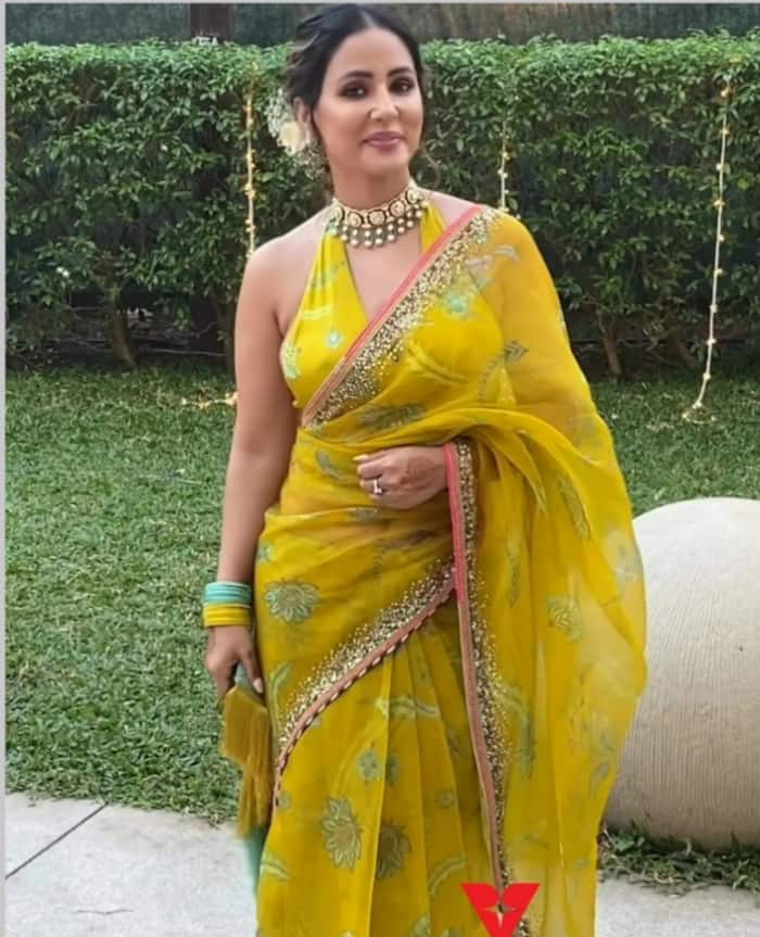 Hina Khan Turns Bridesmaid in Pretty Yellow Floral Saree With Halter ...