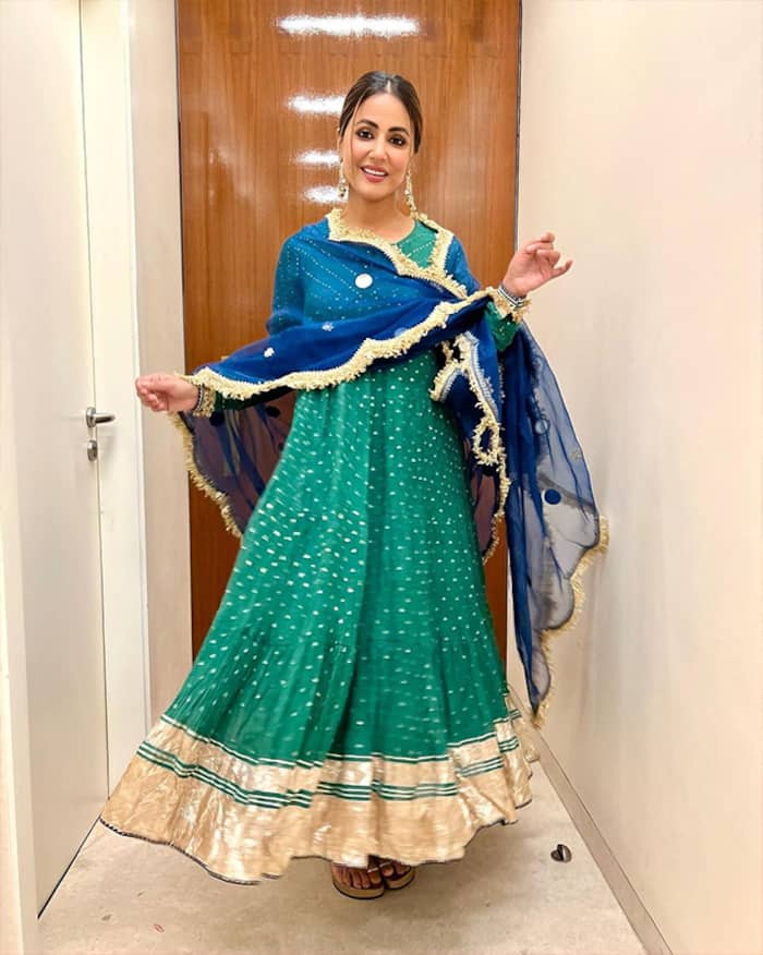 Hina Khan Serves Festive Fashion Goals Right In Green Anarkali Suit And Striking Blue Dupatta