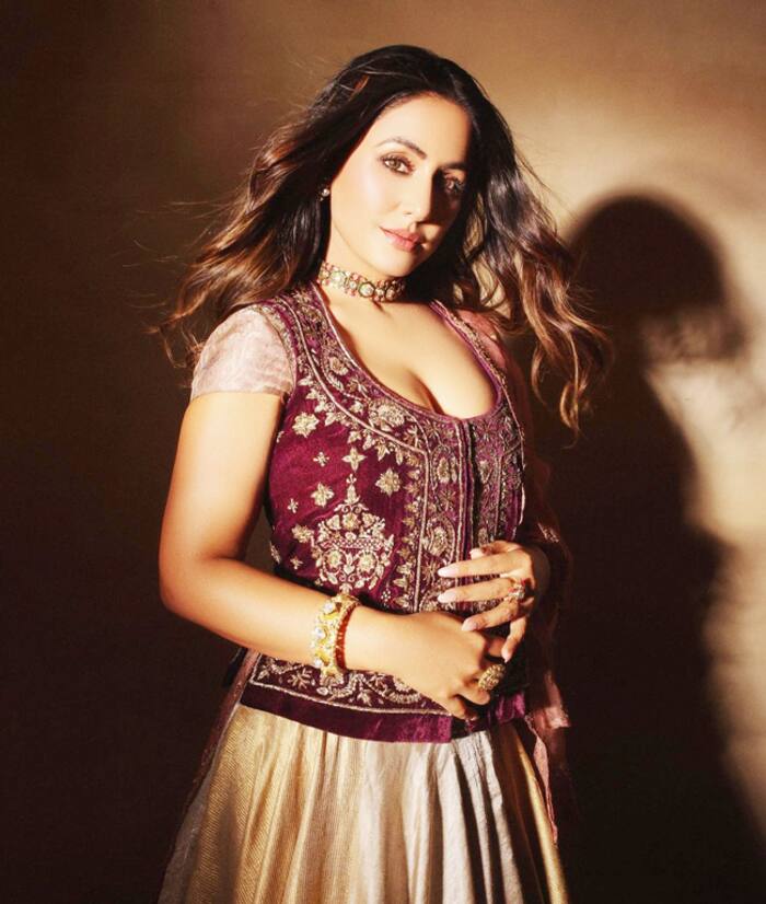 Hina Khan Looks Whimsical in a Dreamy Golden-Maroon Lehenga Set by Anju Modi - See Viral Pics