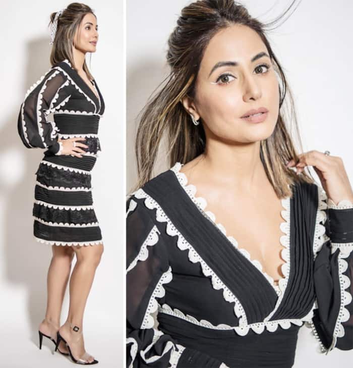 Hina Khan’s outfit features a plunging neckline in the front and back