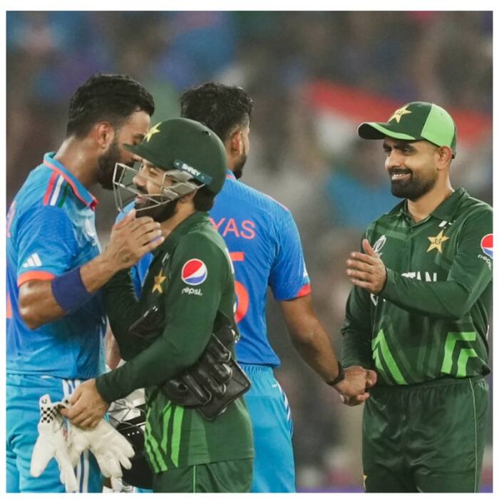 Virat Kohli plays his trademark cover drive against Pakistan during their ODI World Cup 2023 match.