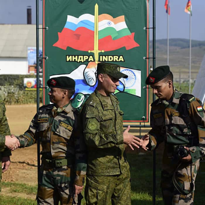 Indian and Russian soldiers during parade at INDRA 2016