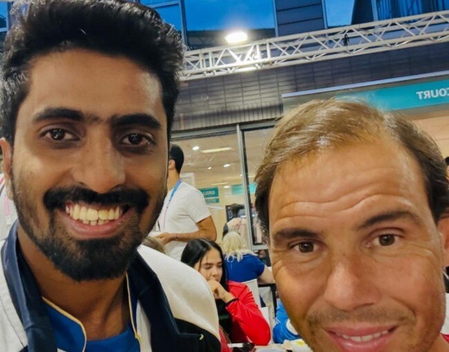 Indian TT star G Sathiyan clicks a selfie with 22 time Grand Slam winner Rafael Nadal in Paris.