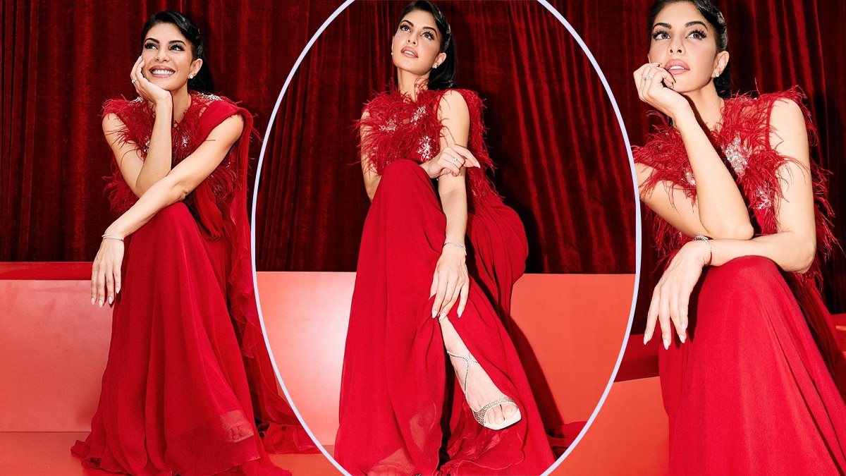 Jacqueline Fernandez Paints Town Red in Embellished Feather Chiffon ...