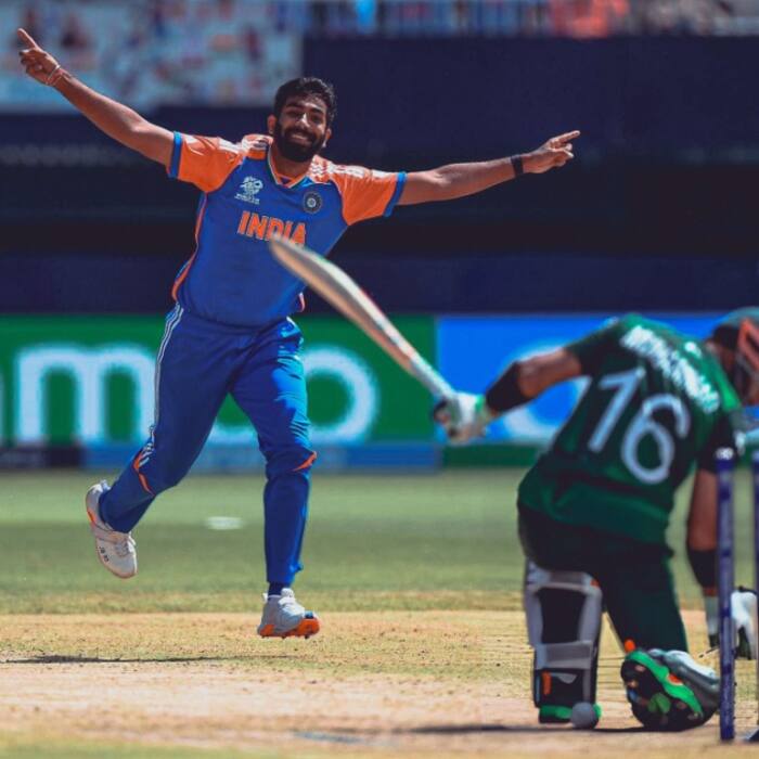 Jasprit Bumrah celebrates after cleaning up Mohammad Rizwan in New York.