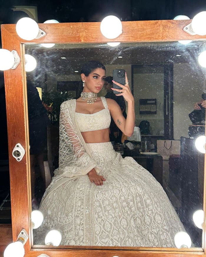 Khushi Kapoor Looks Like Sexy Angel in White Embroidered Lehenga With Busty Blouse - See Photos