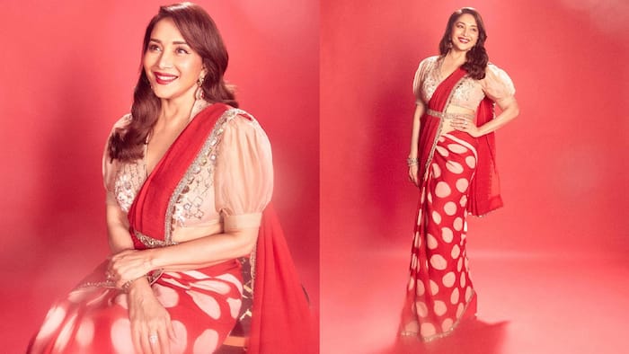Madhuri Dixit Nene is a Retro Queen in Red Saree With Plunging Neckline ...