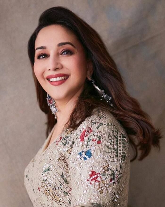 Madhuri Dixit Captures Heart in Beige Floral Anarkali Set For Maja Ma Promos | Photos