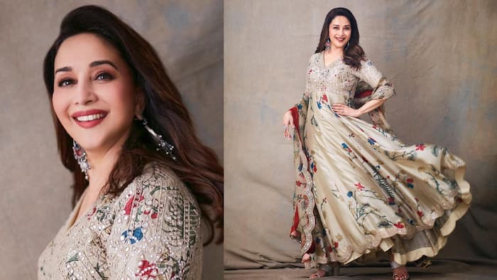 Madhuri Dixit Captures Heart in Beige Floral Anarkali Set For Maja Ma ...