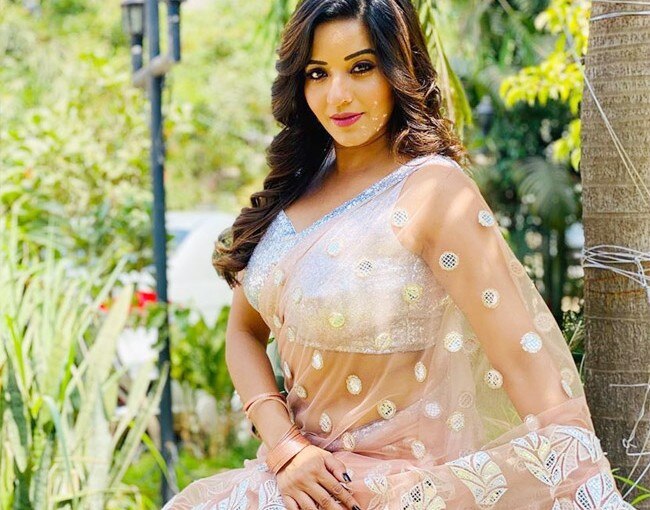 Monalisa Looks Drop dead Gorgeous in Sheer Peach Saree