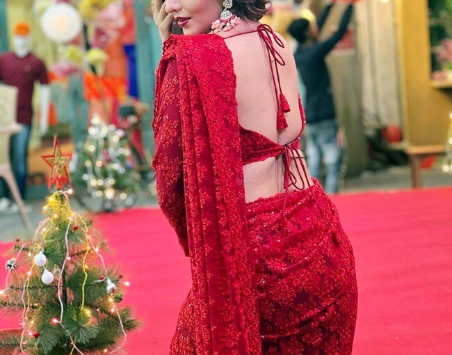Monalisa makes hearts skip a beat in her Christmas special look see hot pics in saree