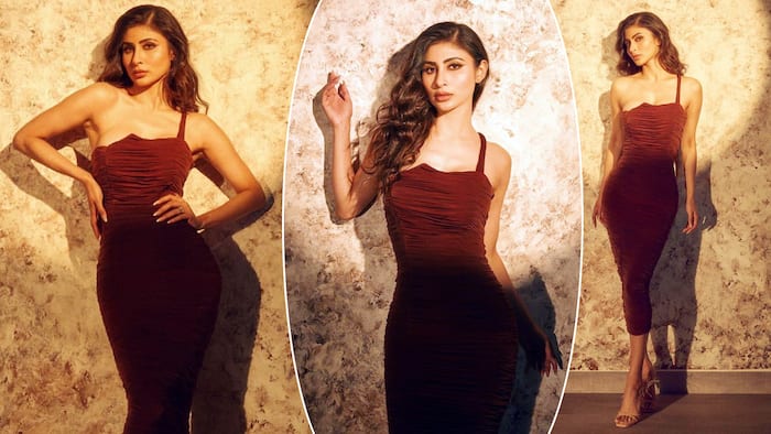 Mouni Roy Stuns in Hot Maroon Off-Shoulder Bodycon Dress l PHOTOS