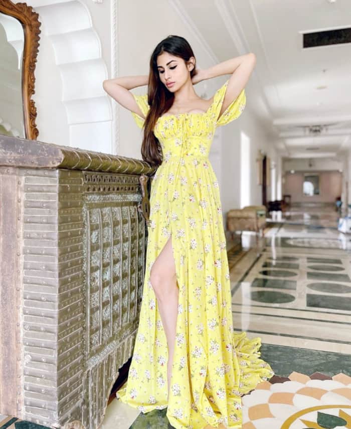 Mouni Roy Looks Smoking Hot In Sultry Thigh High Slit Yellow Floral