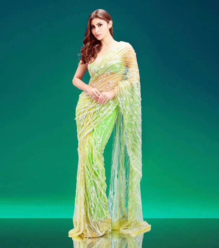 Mouni Roy goes majestic beyond words in a neon sheer saree with ...