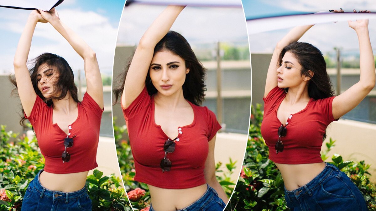 Mouni Roy Looks Effortlessly Amazing in Red Crop Top and Blue Denim ...