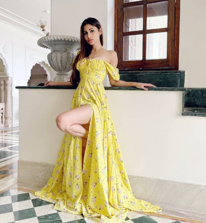 Mouni Roy Looks Smoking Hot In Sultry Thigh High Slit Yellow Floral