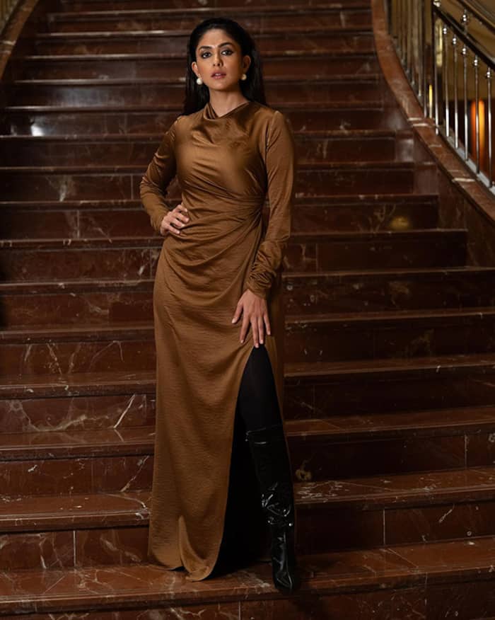 Mrunal Thakur in Sexy Chocolate Brown Dress With Side-Slit is a Sight ...