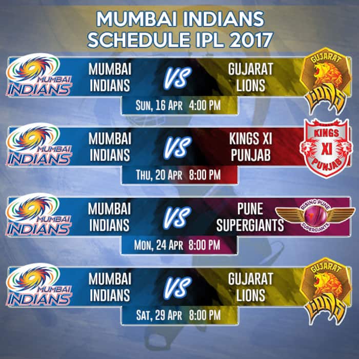 T20 match schedule for IPL season 10 of Mumbai Indians team squad