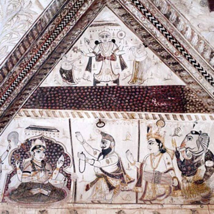 Mural painting of Ram, Sita and Hanuman at Lakshminarayan temple in Orchha