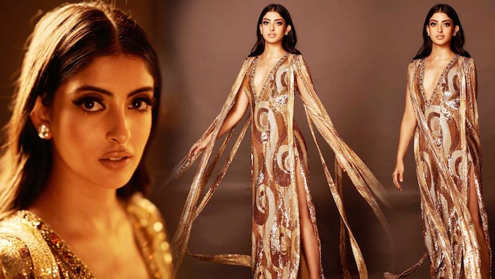 Navya Nanda is All Grace And Poise in Shimmery Thigh-High Slit Golden ...