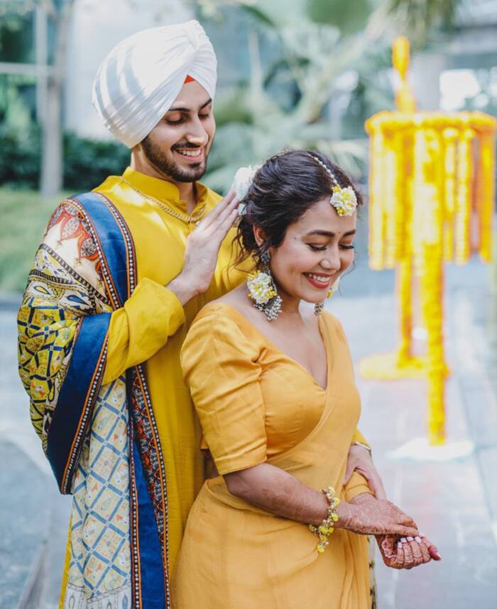 Neha Kakkar in Yellow Saree, Rohanpreet Singh in Kurta Pajama And Blue ...