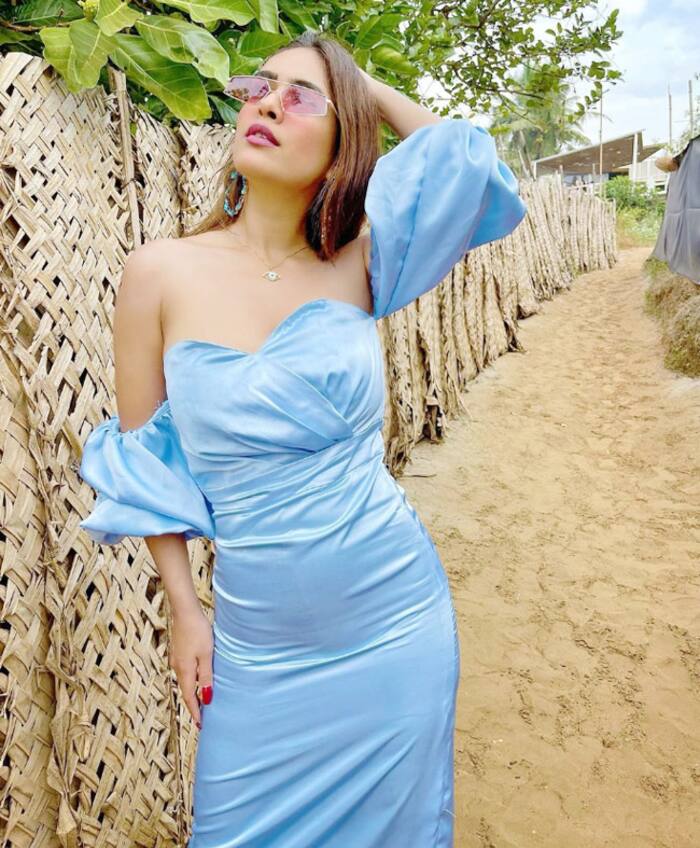 Neha Malik Looks Breathtaking In An Off-Shoulder Blue Satin Dress| See PICS