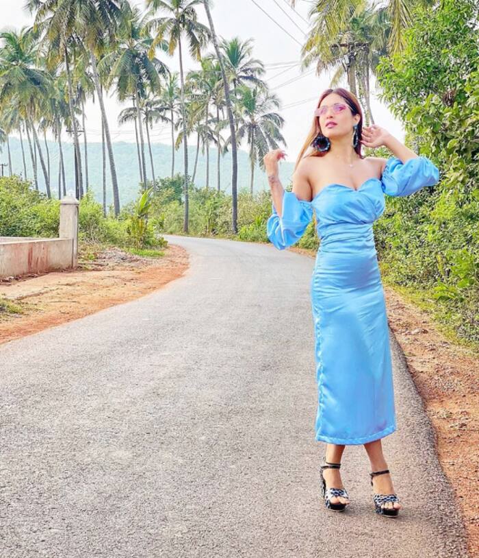 Neha Malik Looks Breathtaking In An Off-Shoulder Blue Satin Dress| See PICS