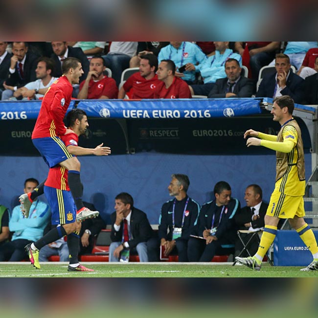 Spain’s Manuel Agudo Nolito scores the second goal against Turkey in ...