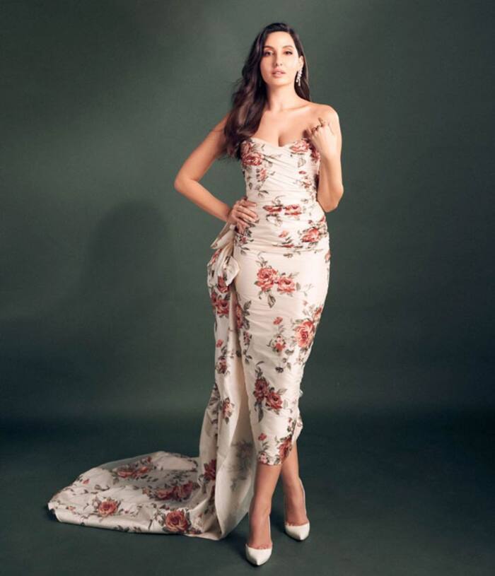 Nora Fatehi is a Work of Art in a Strapless Floral Bodycon Gown| See Photos