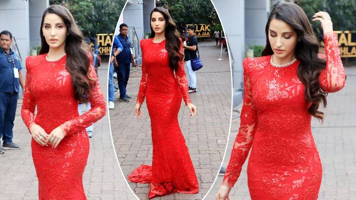 Nora Fatehi is a Bombshell in Red Gown With a Sexy Fish Cut For Jhalak ...