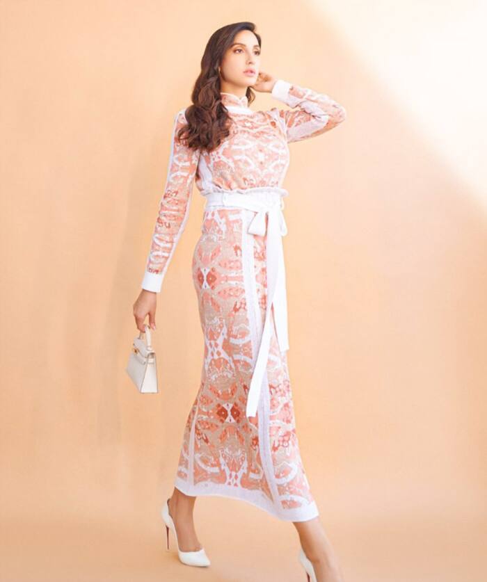 Nora Fatehi Ditches Figure-Hugging Dresses For a Lovely Peach Number ...