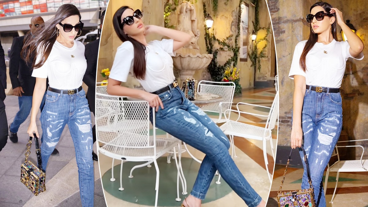 Nora Fatehi Radiates Hotness as She Walks in Ripped Denim And White T ...