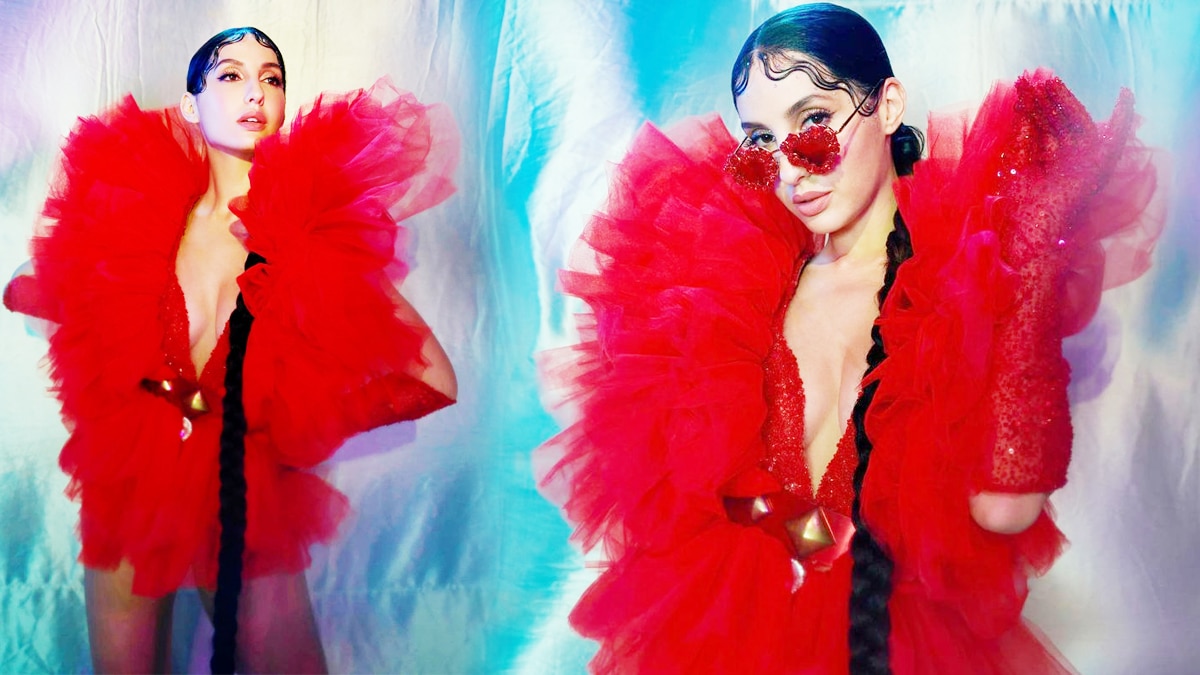 Nora Fatehi poses for a dramatic photoshoot in red tulle dress and laid ...